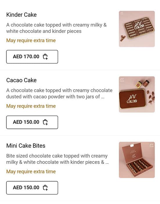 Menu of Cacao, Al Shahama, Abu Dhabi