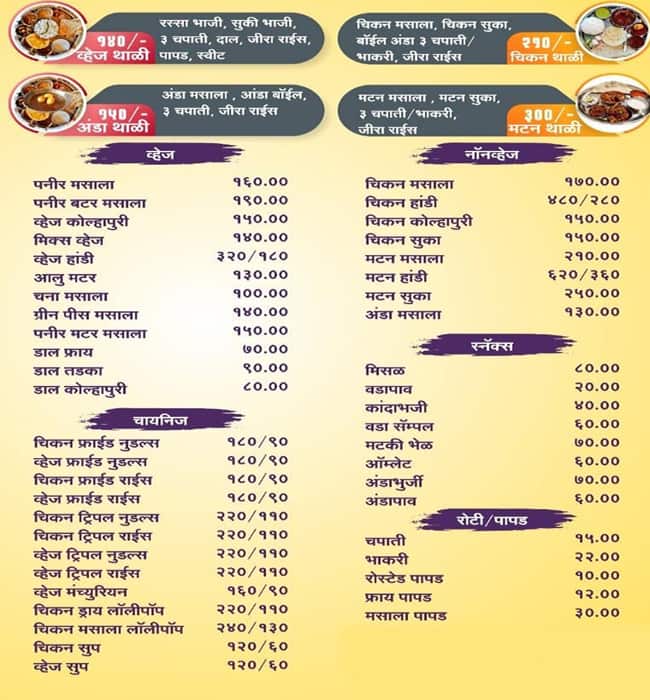 Menu of Hotel Veer, Talegaon, Pune