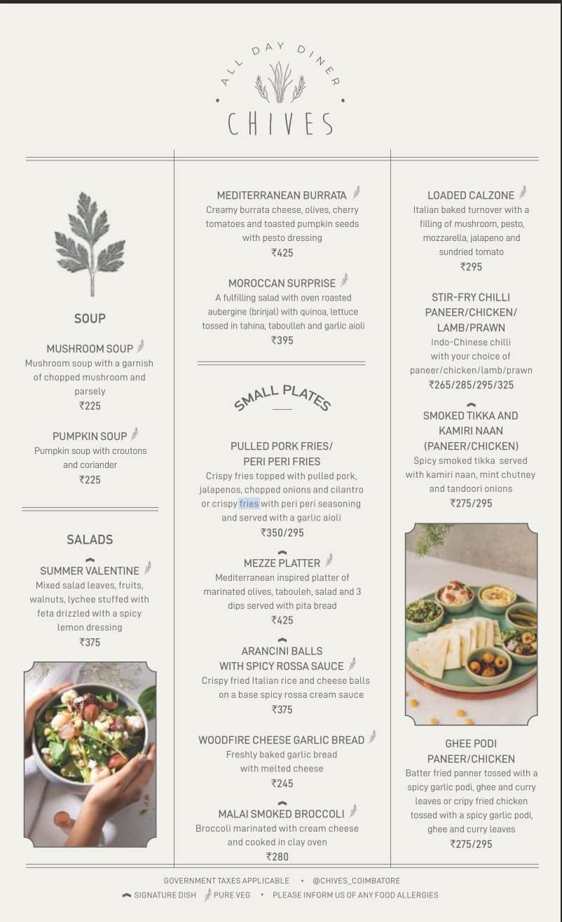 Menu of Chives, Gandhipuram, Coimbatore
