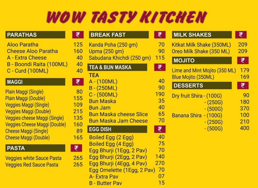 Menu of Wow Tasty Kitchen, Borivali West, Mumbai