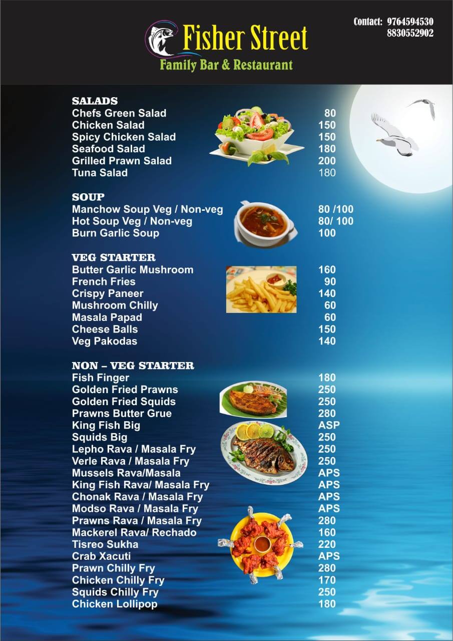Menu of Fisher Street Family Bar & Restaurant, Calangute, Goa