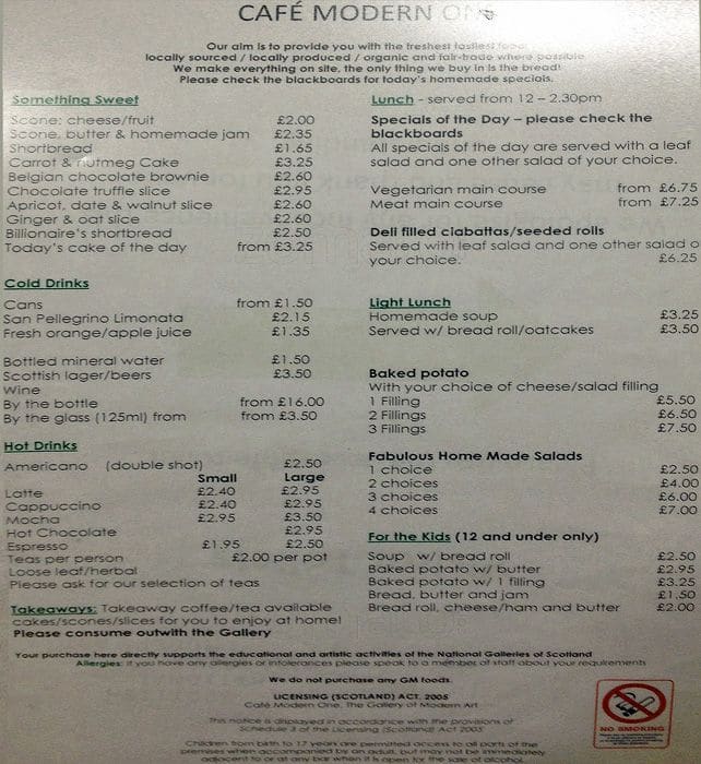 Menu at Cafe Modern One, Edinburgh