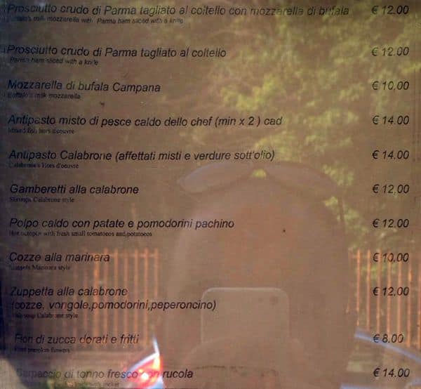 Menu at Calabrone 2 restaurant, Milan, Via Muzio Scevola