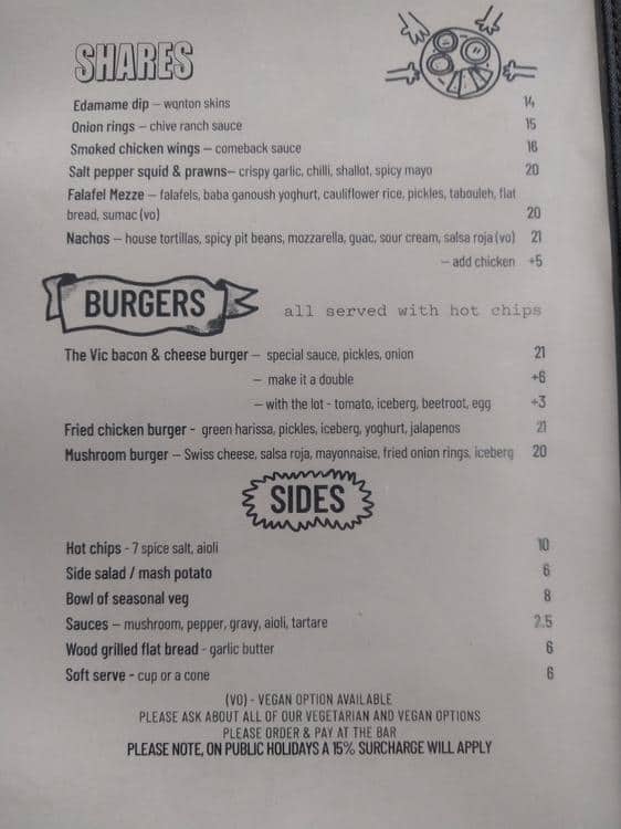 Menu at The Vic pub & bar, Marrickville