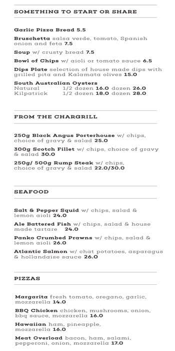 Menu at Mansfield Park Hotel pub & bar, Mansfield Park