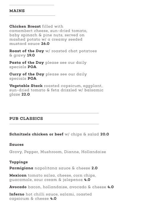 Menu at Mansfield Park Hotel pub & bar, Mansfield Park