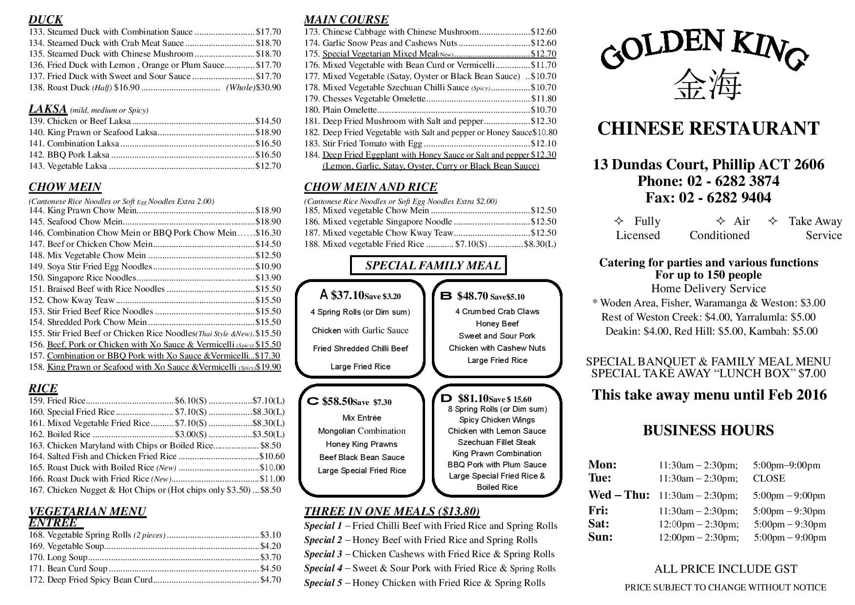 Menu at Golden King Chinese Restaurant, Phillip