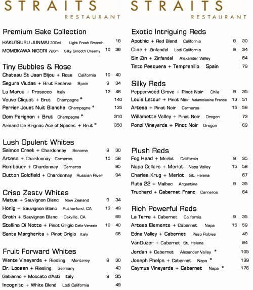 Menu at Straits Restaurant, Houston, 800 Sorella Ct #940