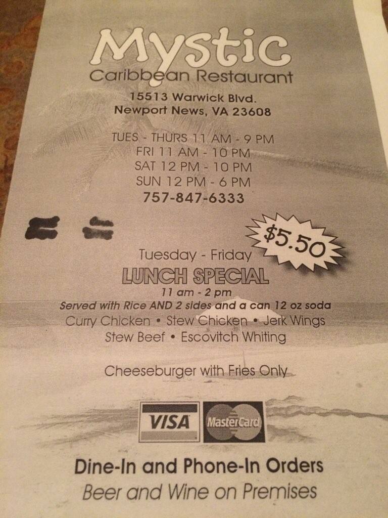 Menu at Mystic Jamaica Restaurant, Newport News, Warwick Blvd