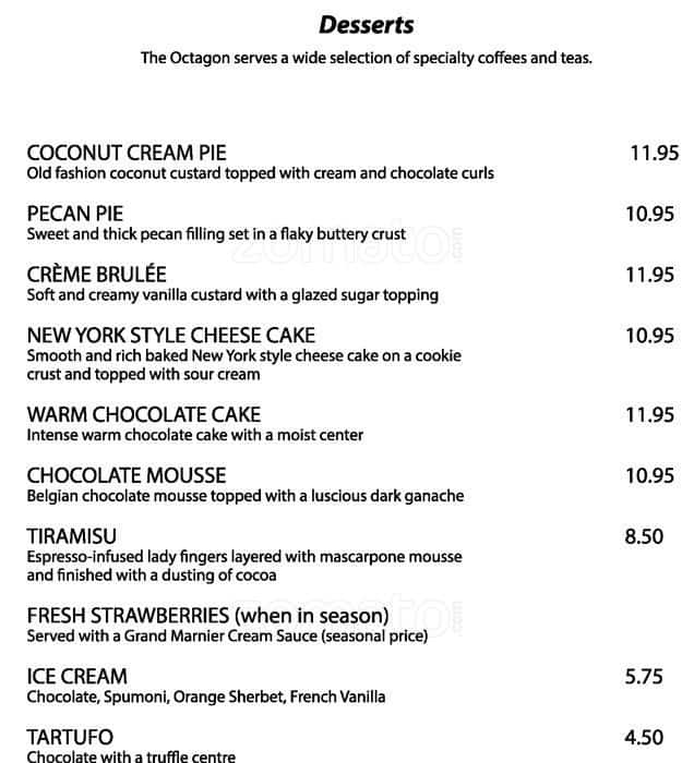 Menu at The Octagon steakhouse, Markham, Yonge St