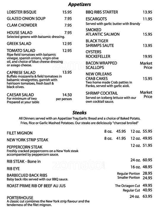 Menu at The Octagon steakhouse, Markham, Yonge St