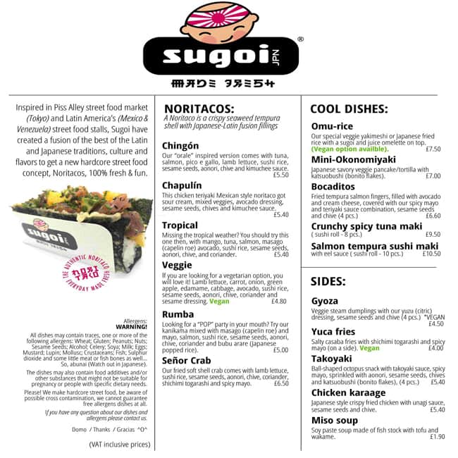 Menu at Sugoi Jpn restaurant, London