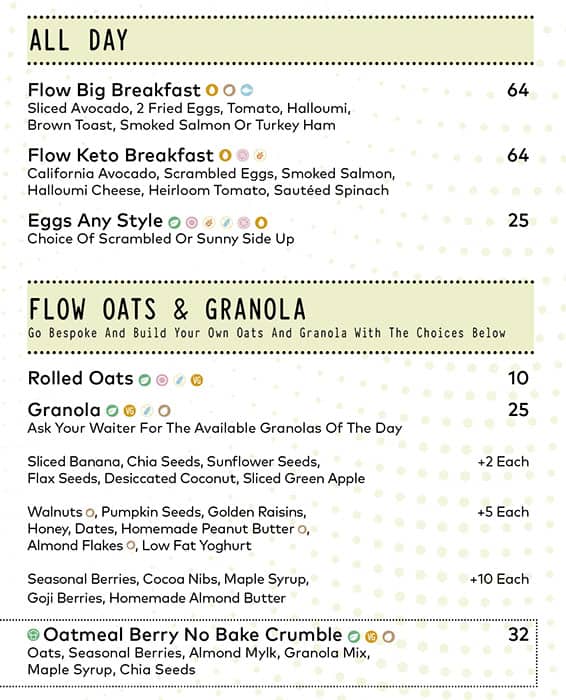 Menu at Flow cafe, Dubai, Opposite CNBC Building
