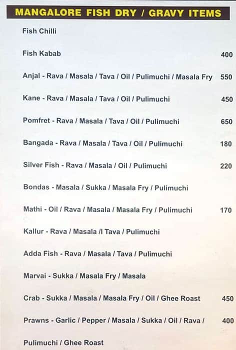 Menu of Kudla Food Land, Hesaraghatta, Bangalore