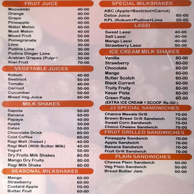 Menu of Juice Junction, Cunningham Road, Bangalore