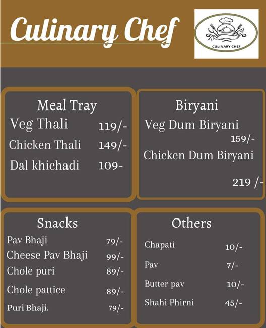 Menu of Culinary Chef, Virar, Mumbai