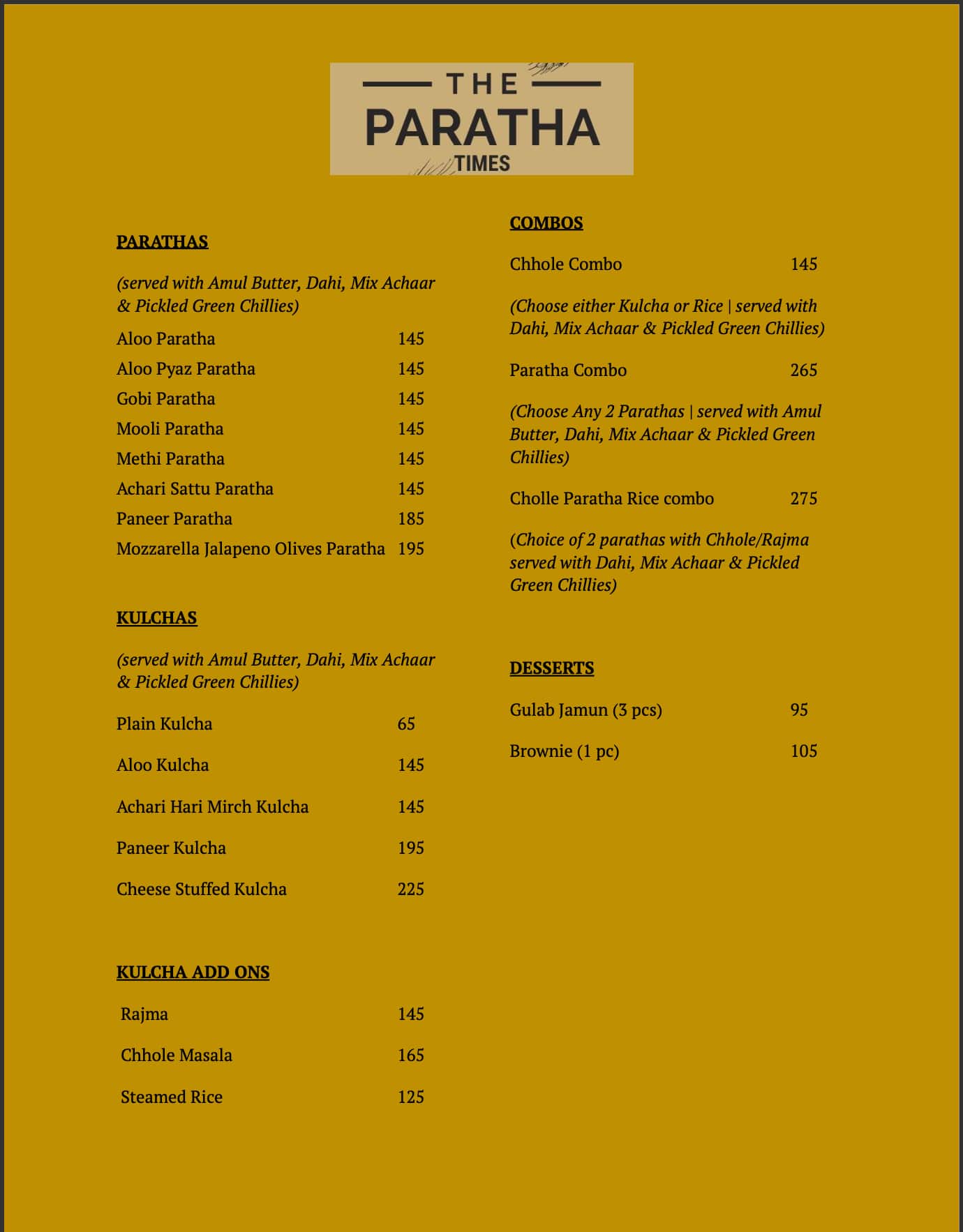 Menu of The Paratha Times, Andheri Lokhandwala, Andheri West, Mumbai