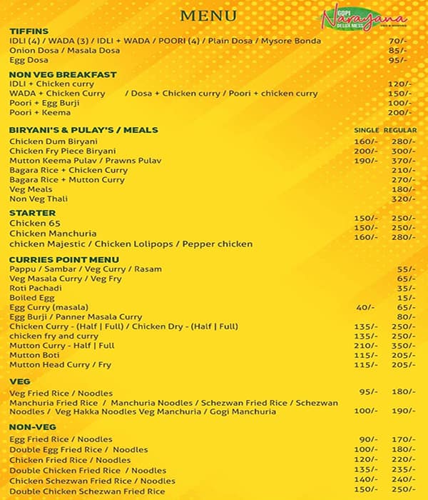Menu of Gopi Narayana Delux Mess, Kompally, Hyderabad