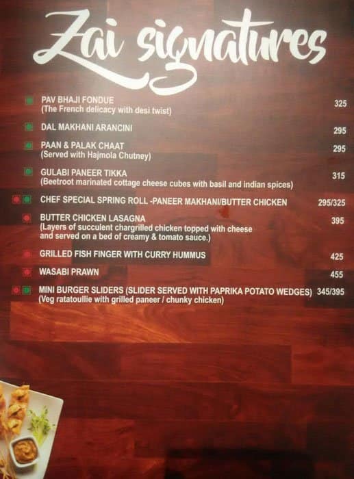 Menu at Zai, New Delhi, Building No. 3