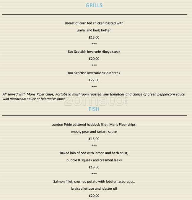 Menu at The Association restaurant, Wembley