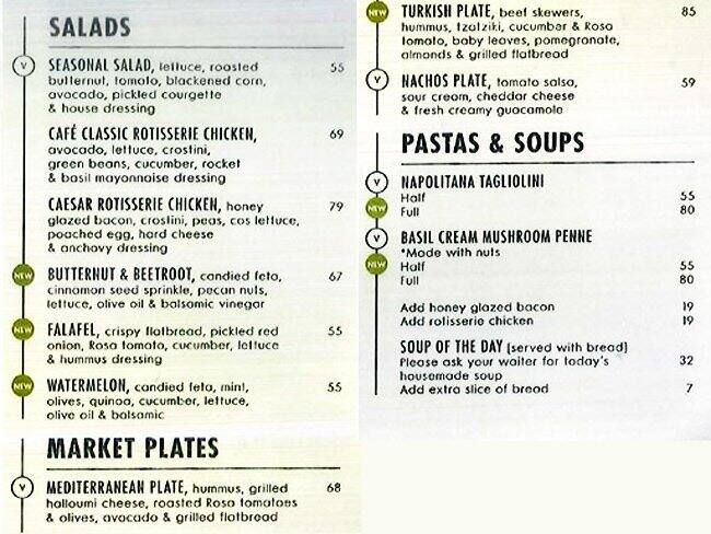 Menu au Woolworths cafe, Afrique du Sud, Eastgate Shopping Centre
