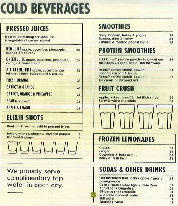 Menu at Woolworths cafe, South Africa, Eastgate Shopping Centre