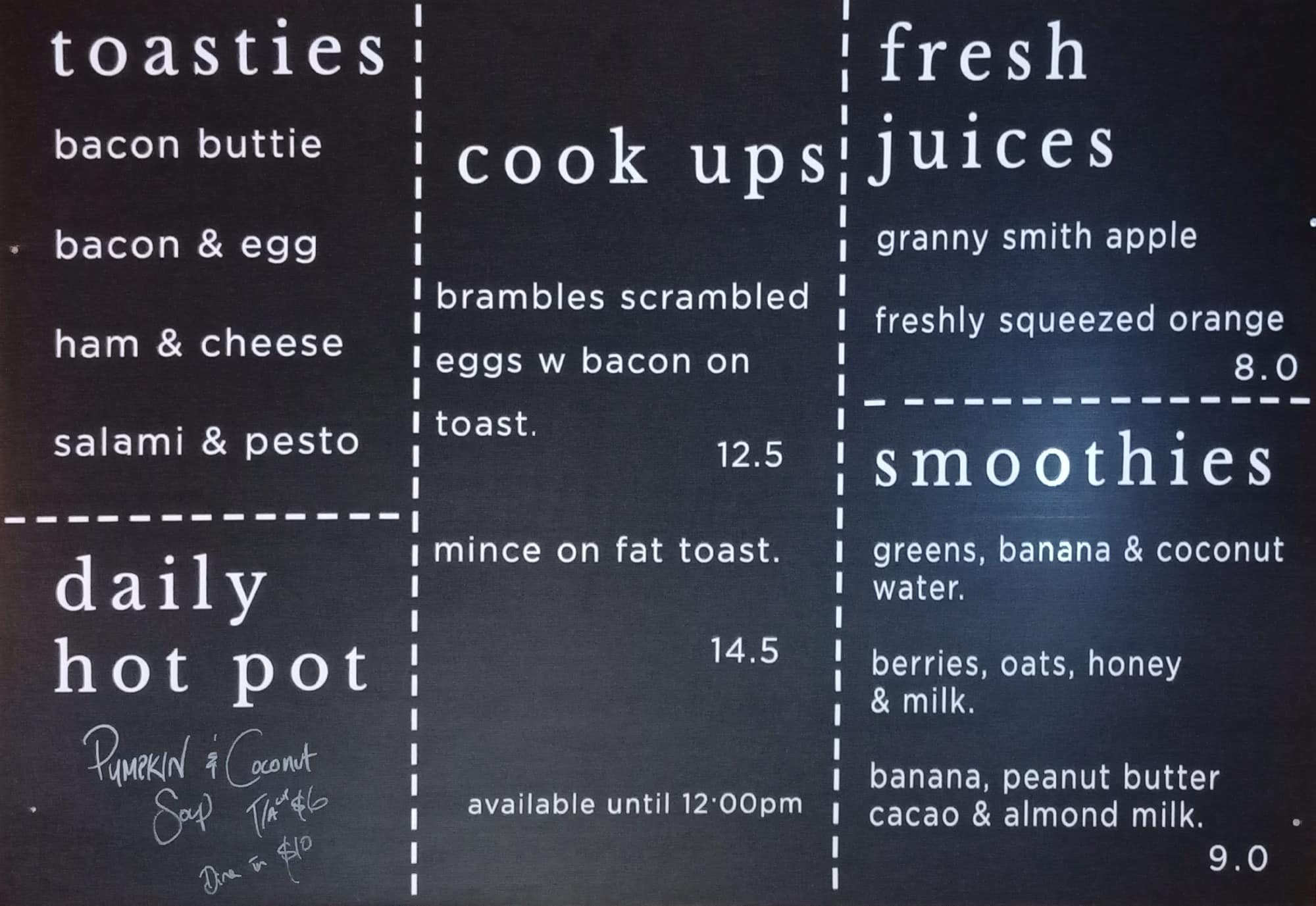 Menu at Bramble Cafe, Matakana
