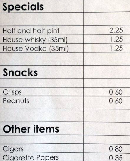 Menu at Grapes Bar, Glasgow