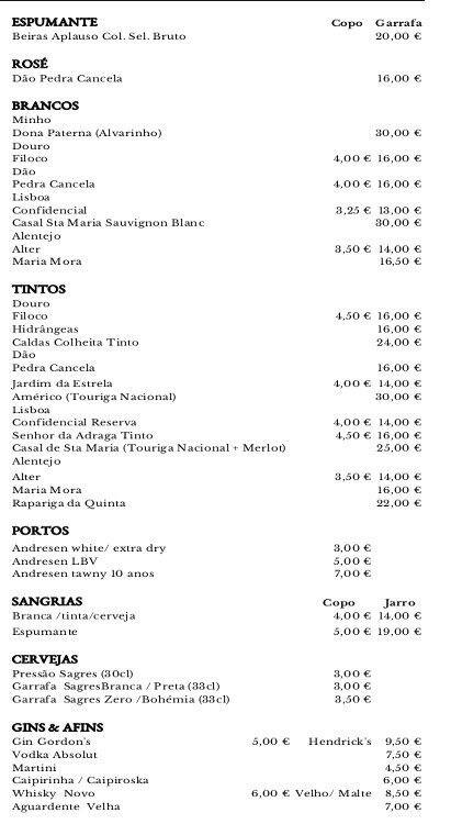 Menu at De Casto Elias restaurant, Lisbon, Av. Elias Garcia