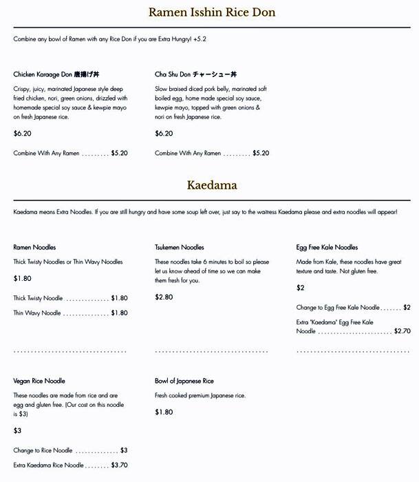 Menu at Ramen Isshin restaurant, Toronto, 421 College St
