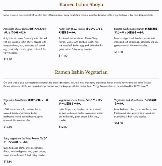 Menu at Ramen Isshin restaurant, Toronto, 421 College St