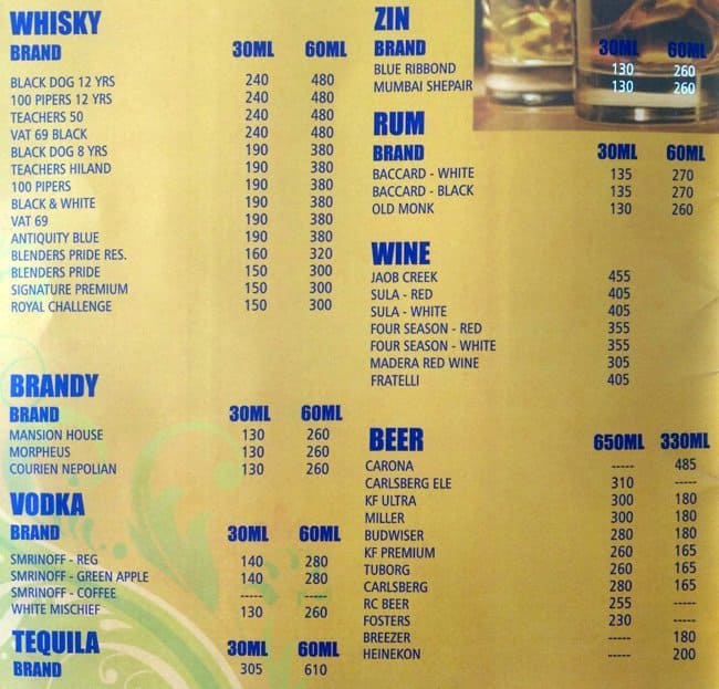 Menu at Cascade, Hyderabad, 8 - 2 - 120/C/98/1 & 2 Road 2
