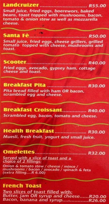 Menu at Santa Fe Coffee Shop cafe, Jeffreys Bay