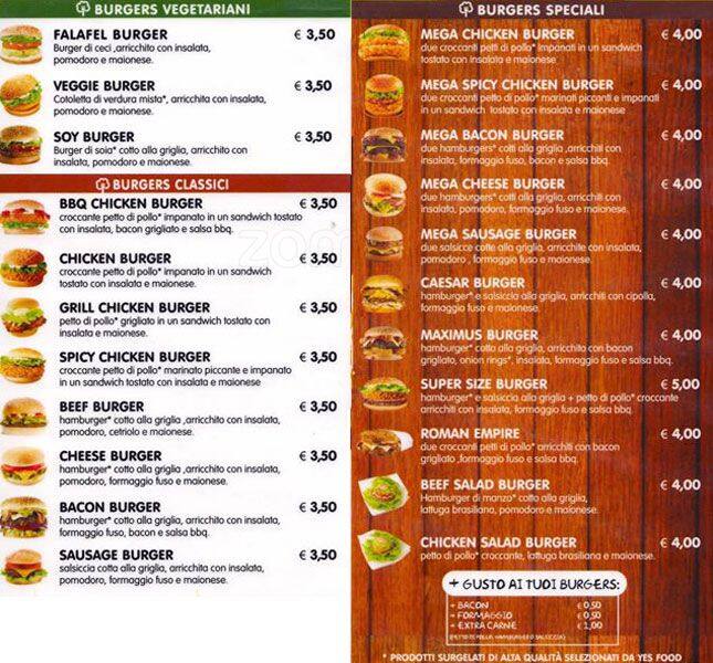 Menu at Yes Food fast food, Rome, Via Tuscolana 683/B