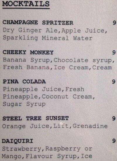 Menu at Steel Tree at the Foreshore restaurant, Rockingham, 7 Railway Tce