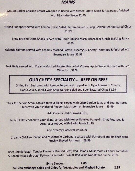 Menu at Steel Tree at the Foreshore restaurant, Rockingham, 7 Railway Tce
