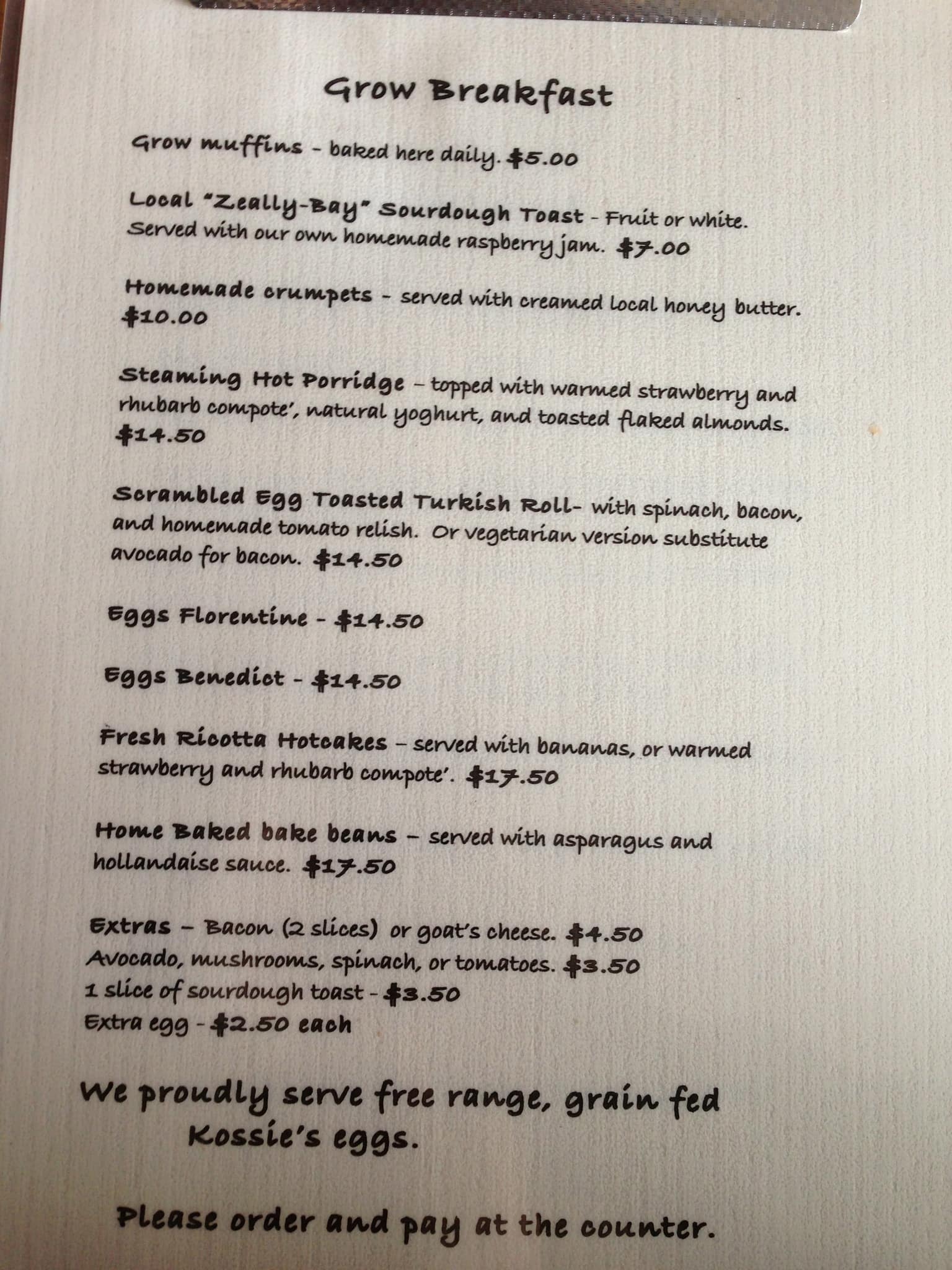 Menu at Grow cafe, Point Lonsdale