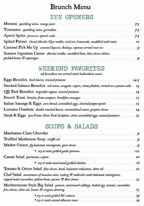 Menu at Seasons In the Park restaurant, Vancouver, W 33rd Ave