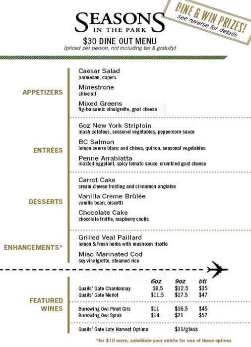 Menu at Seasons In the Park restaurant, Vancouver, W 33rd Ave