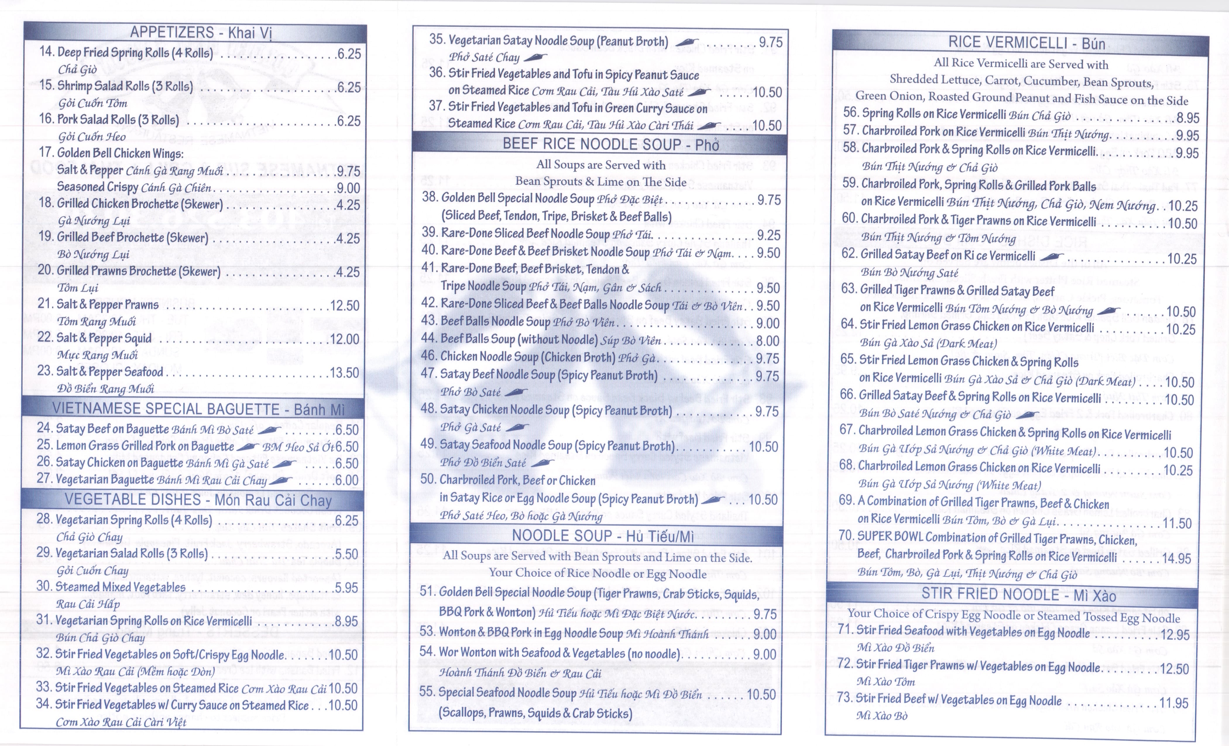Menu at Golden Bell Sub & Grill Restaurant, Medicine Hat