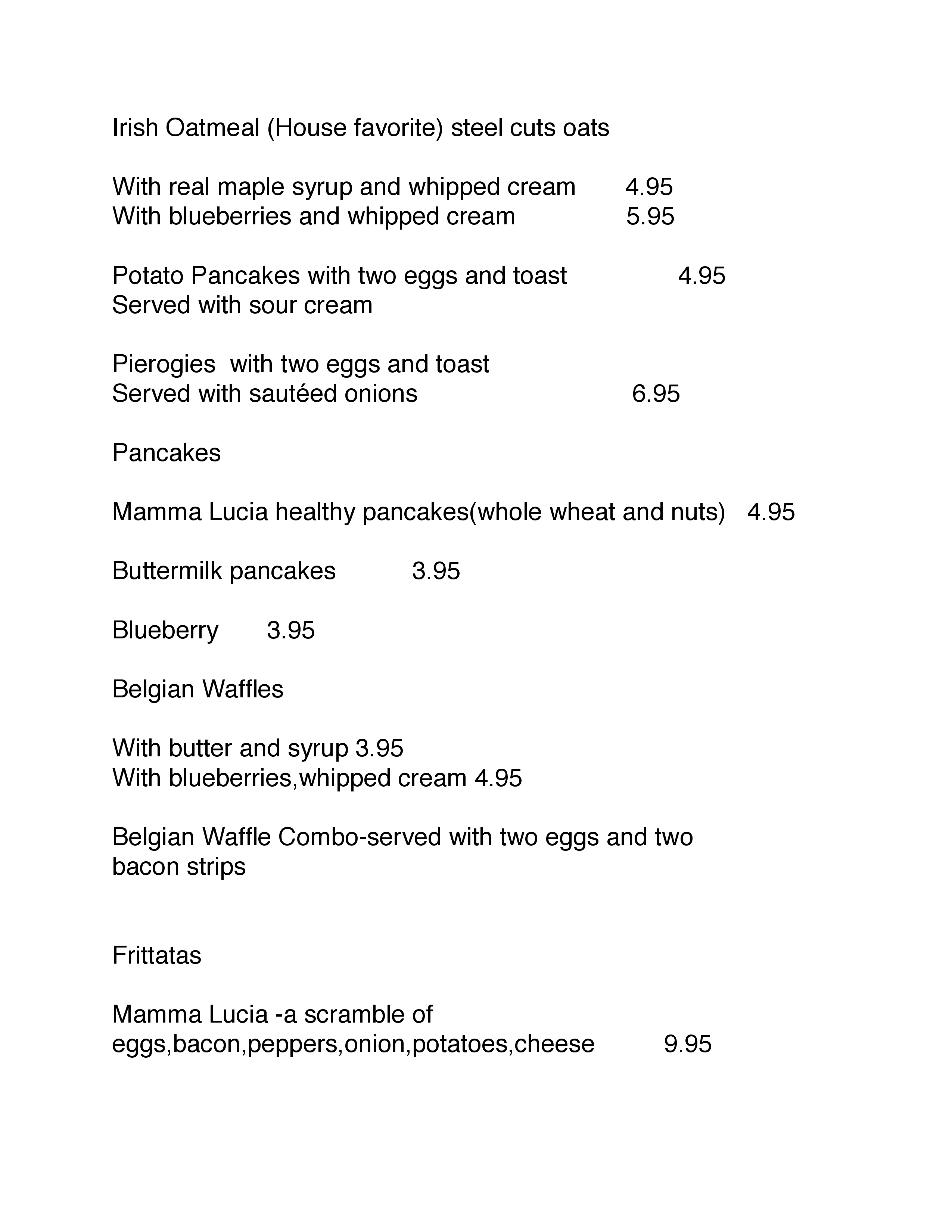 Menu at Mamma Lucia restaurant, Rochester