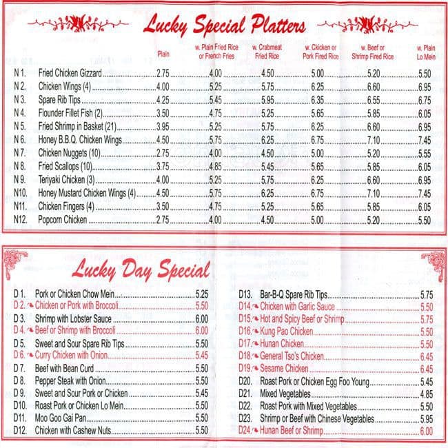 Menu at Lucky's restaurant, Philadelphia