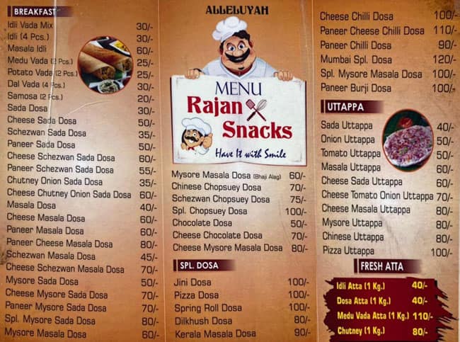 Menu of Rajan Snacks, Kandivali West, Mumbai