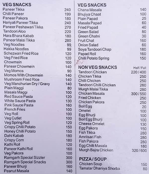 Menu of Ramgarh Fort Restaurant, Mansarovar, Jaipur