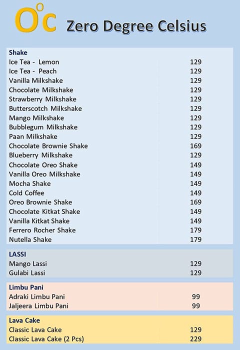 Menu of Zero Degree Celsius, Airoli, Navi Mumbai