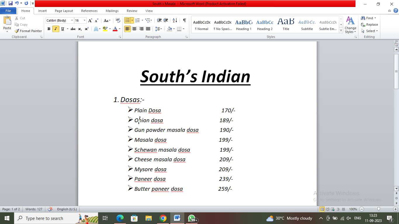 Menu of South Indian, Beta 1, Greater Noida