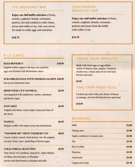 Menu at Mulberry's restaurant, London