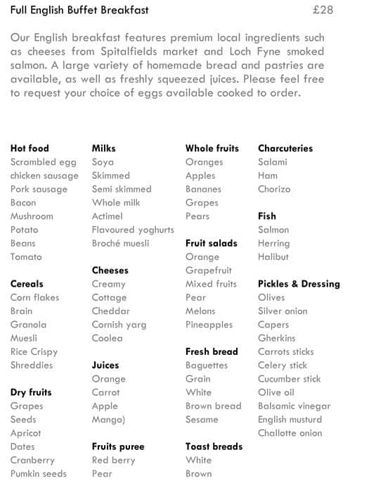 Menu at 1901 restaurant, London, 40 Liverpool Street