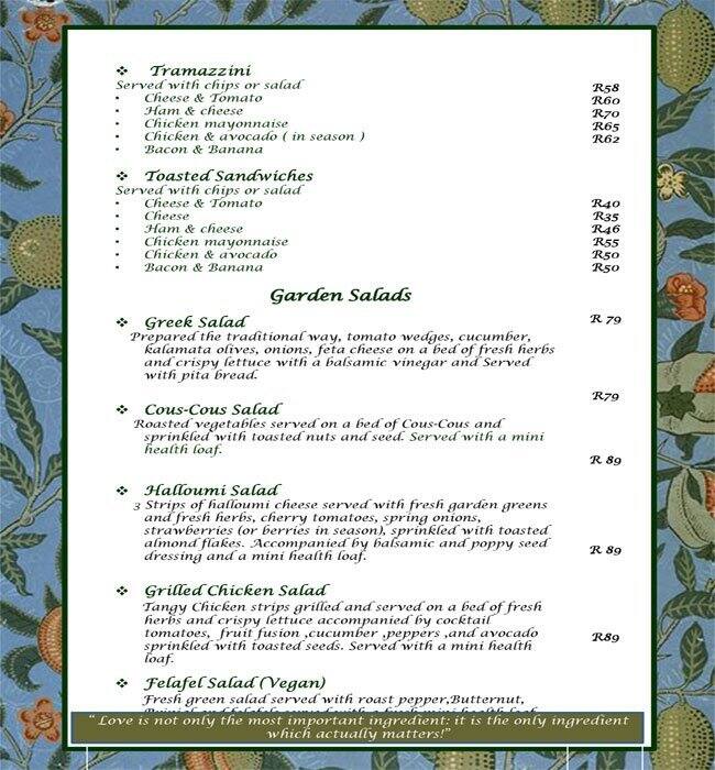 Menu at The Secret Garden restaurant, Boksburg