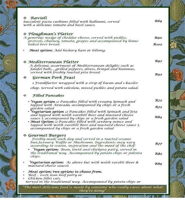 Menu at The Secret Garden restaurant, Boksburg